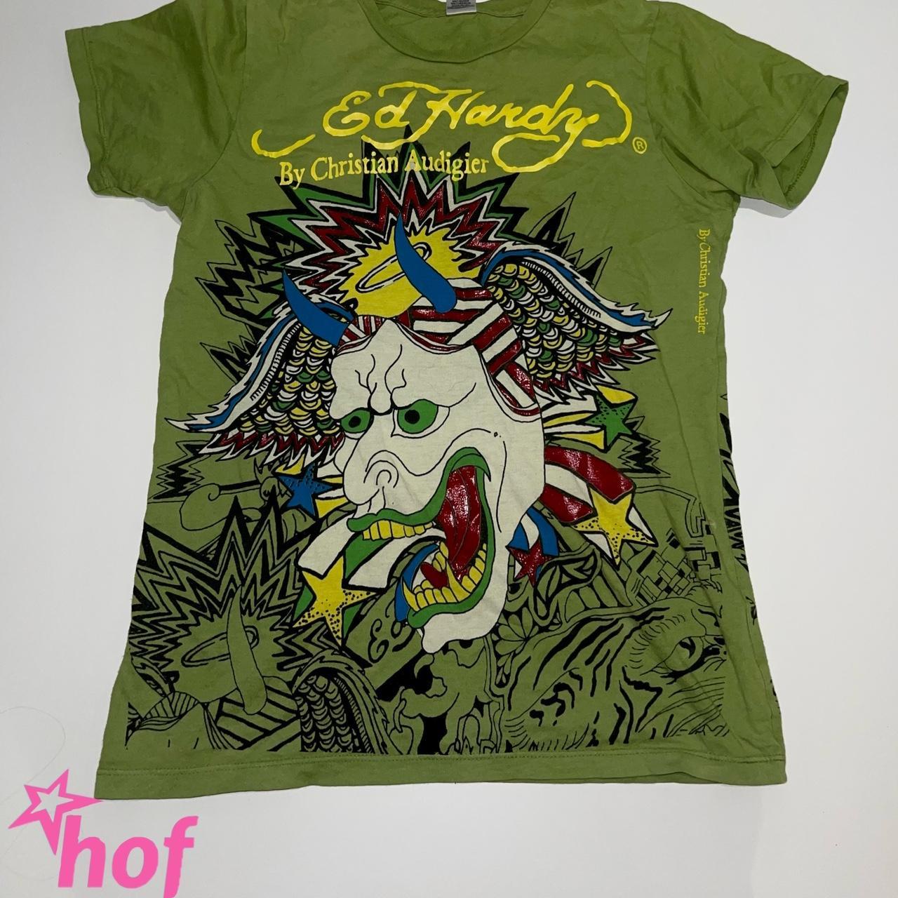 Green Ed hardy print t shirt Size small Hardly worn... - Depop