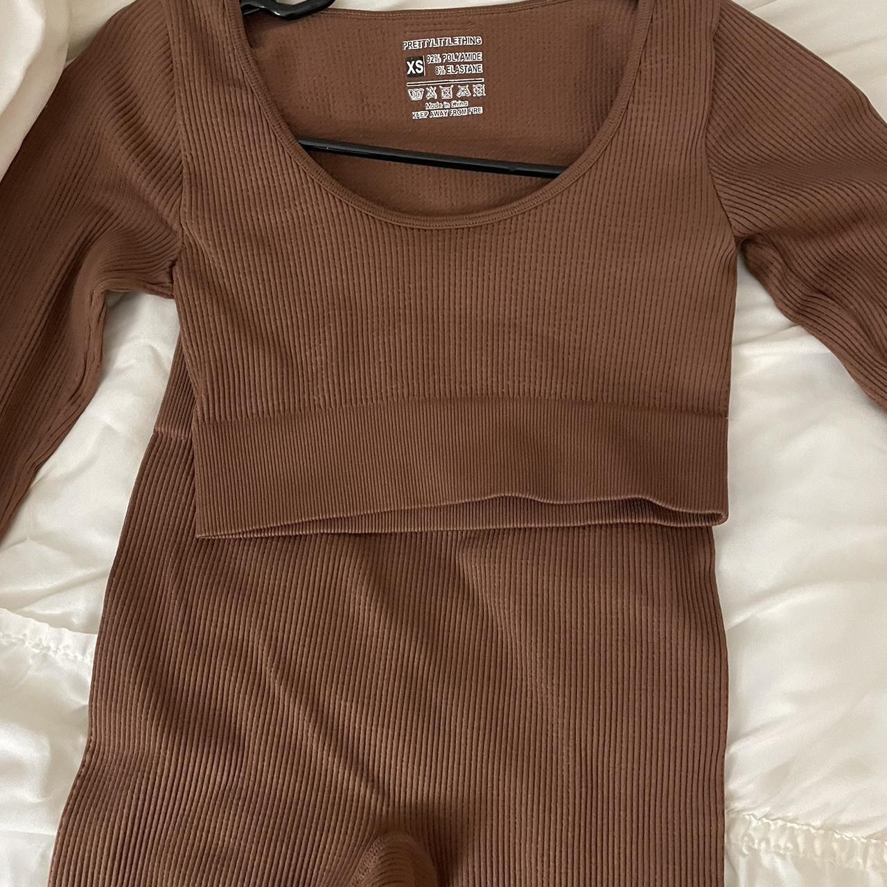 brown two piece workout set xsmall top, small... - Depop