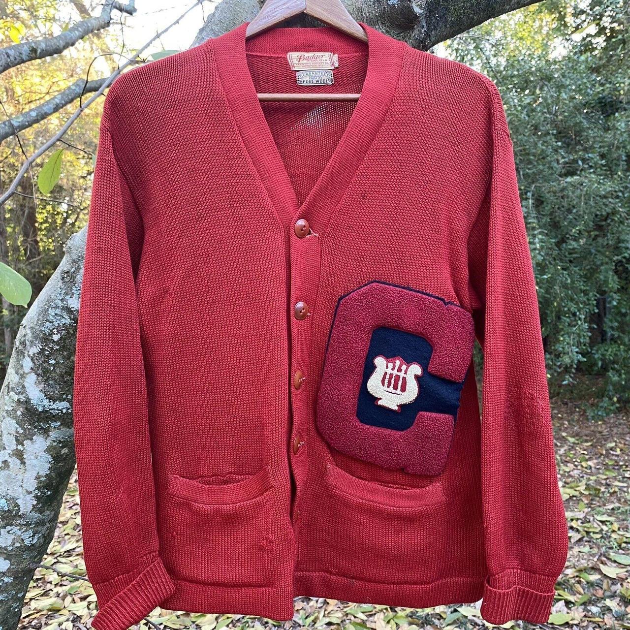 Vintage 50s Collegiate Varsity Red Wool Cardigan... - Depop