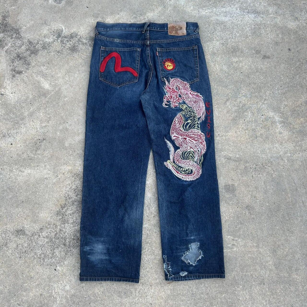 Y2K Super Baggy Embroidered Jnco Style Evisu Jeans... - Depop