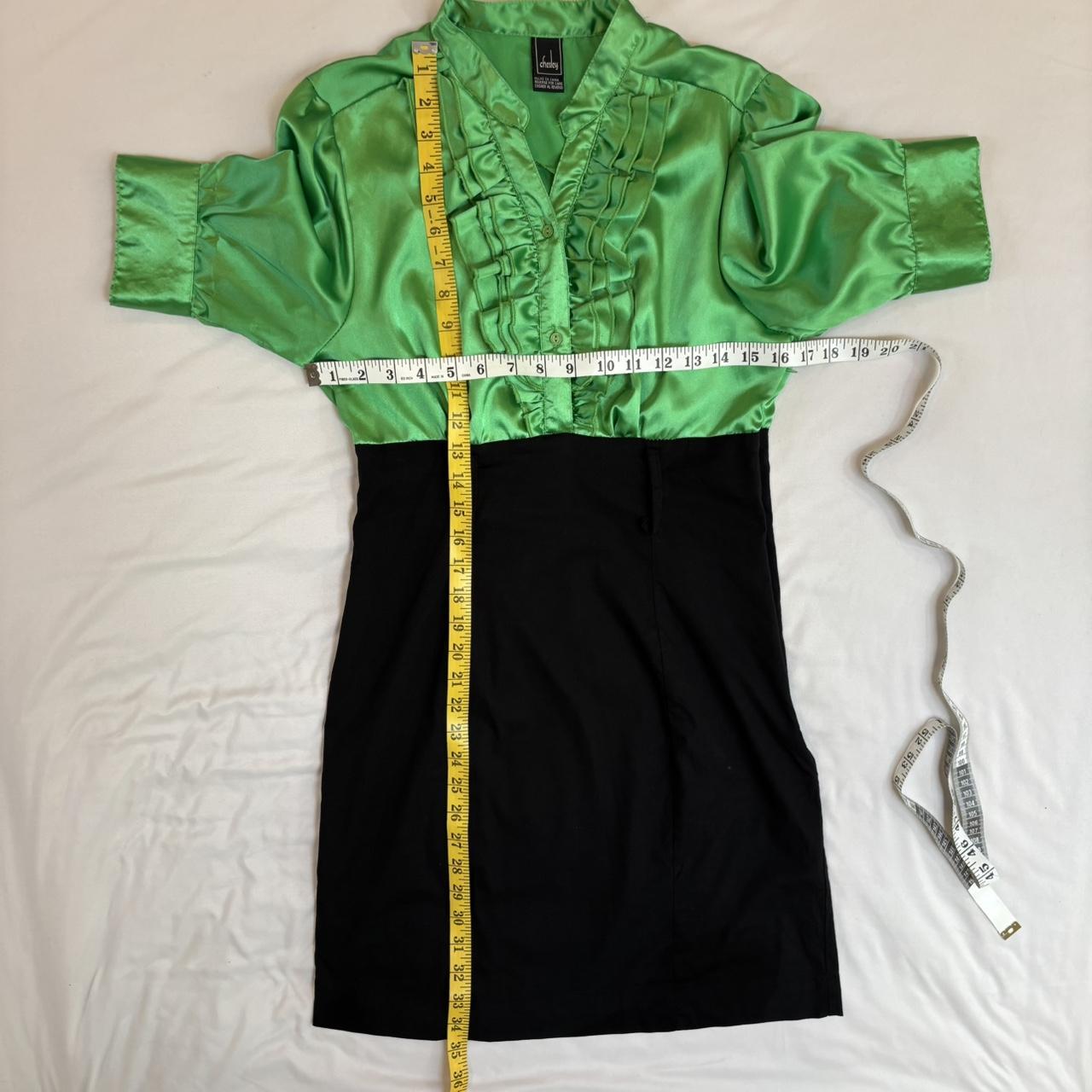 Green satin ruffled dress with black... | Depop