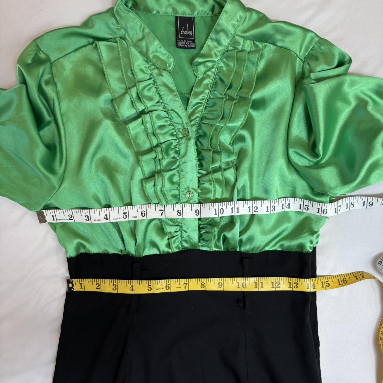 Green satin ruffled dress with black... | Depop