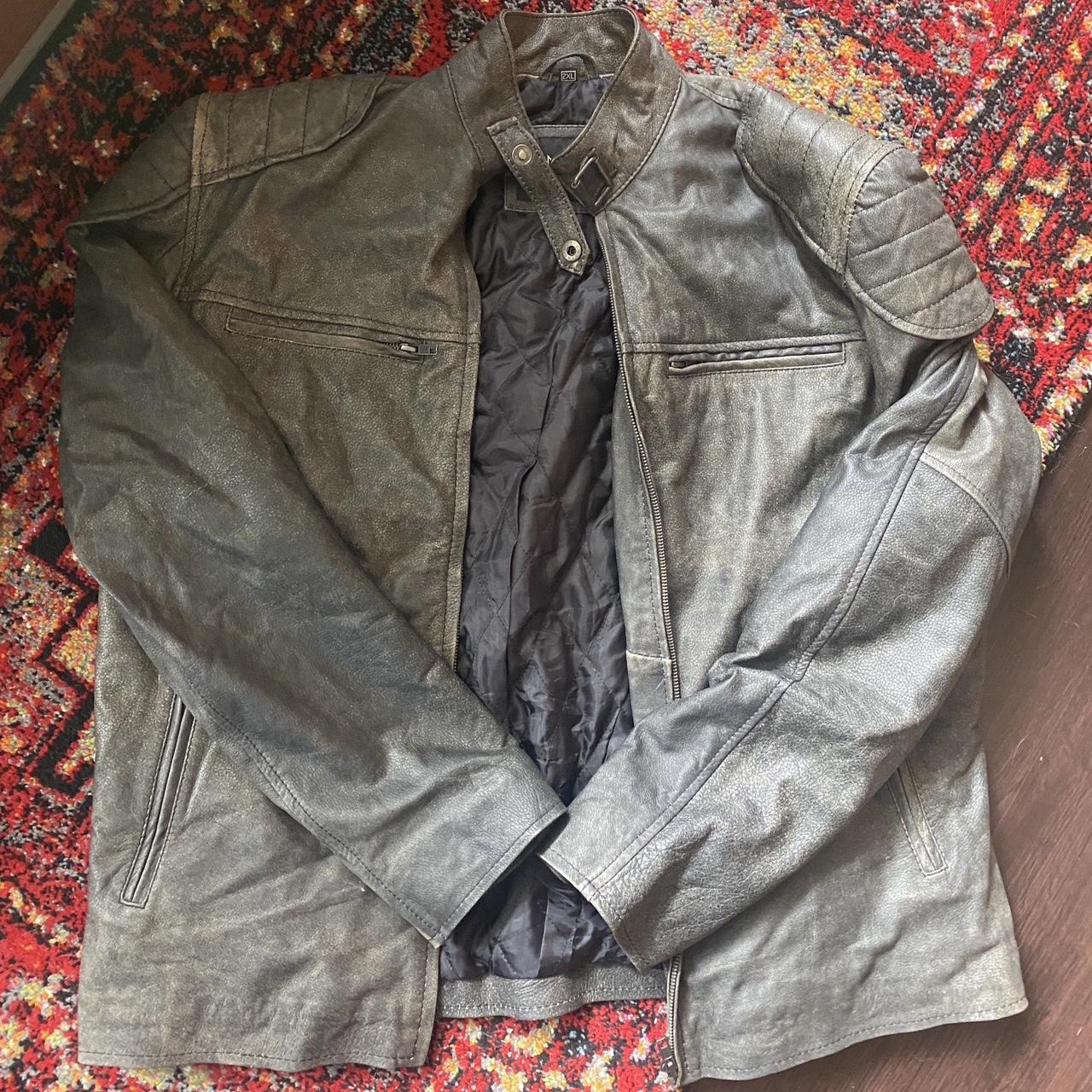 grey/green faded leather jacket - size XXL marketed... - Depop