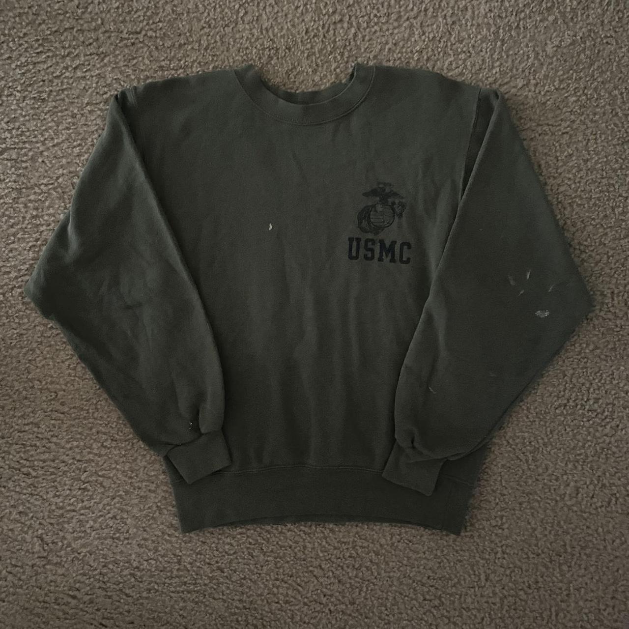 USMC Sweater Green, No Holes, Minor White Paint... - Depop