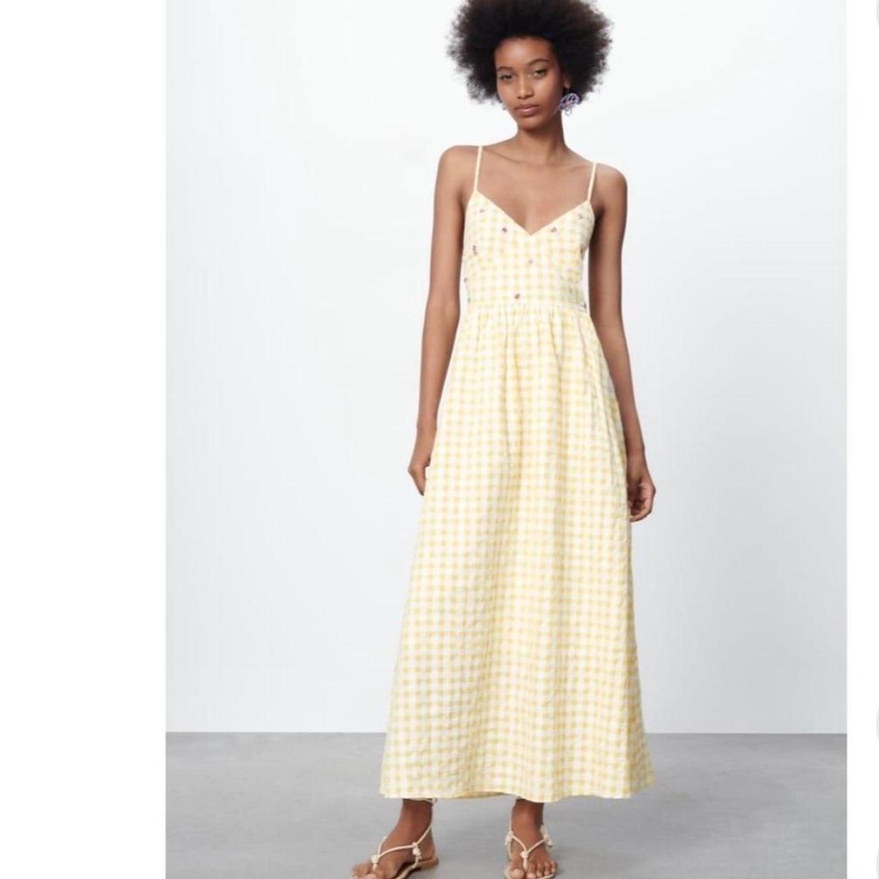 Zara yellow gingham dress with beading detail. Size... - Depop