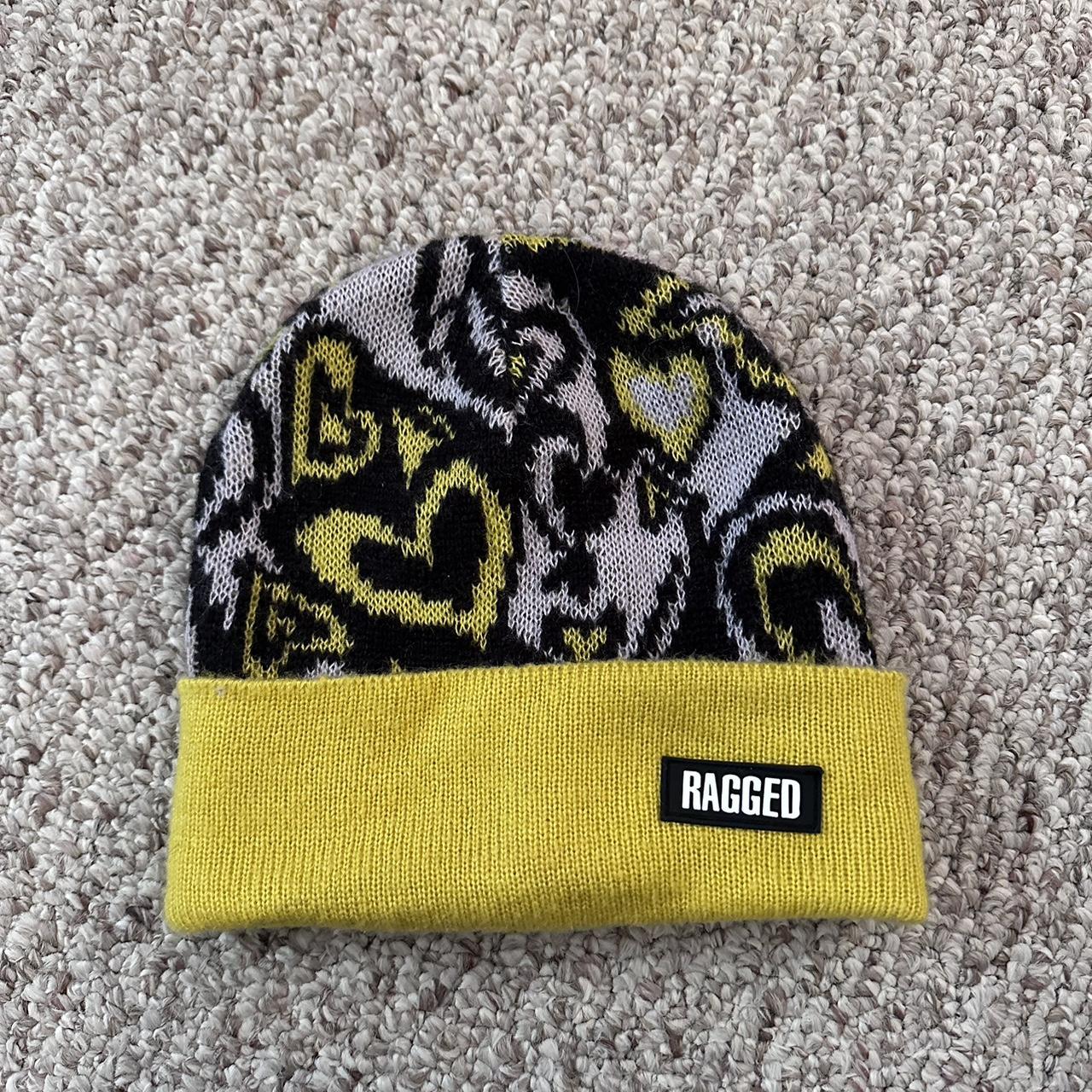 Ragged yellow and black heart beanie #ragged... - Depop