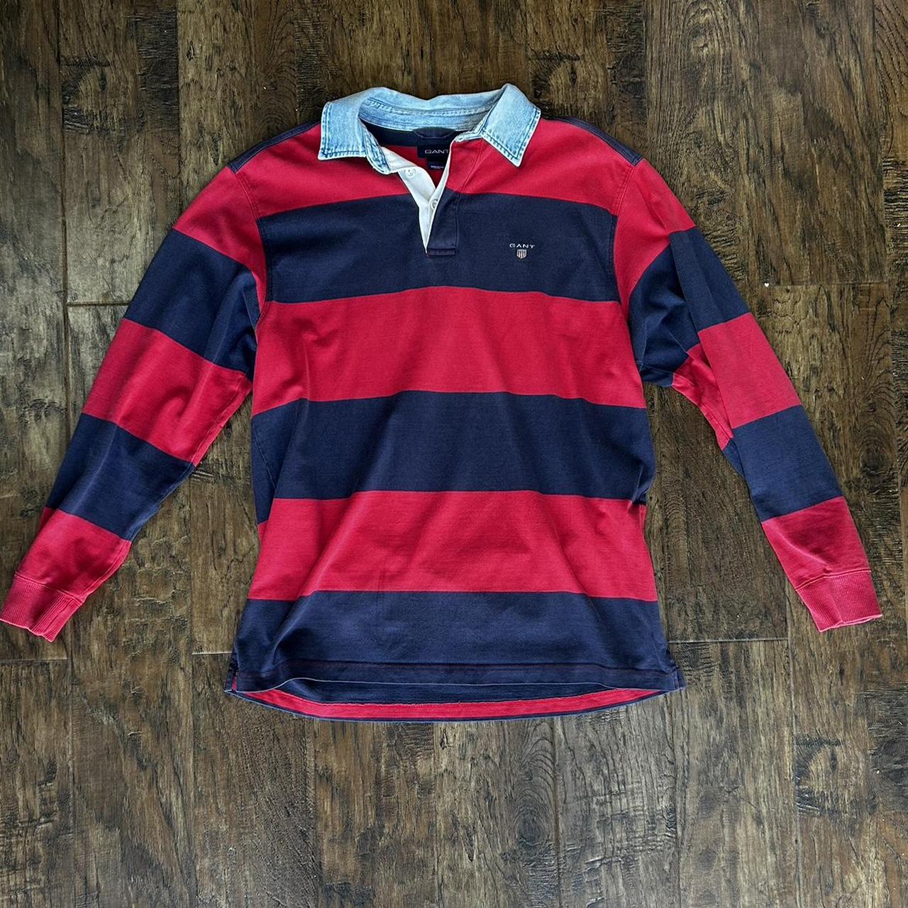 Red and navy Gant vintage Rugby shirt Size - XL, can... - Depop