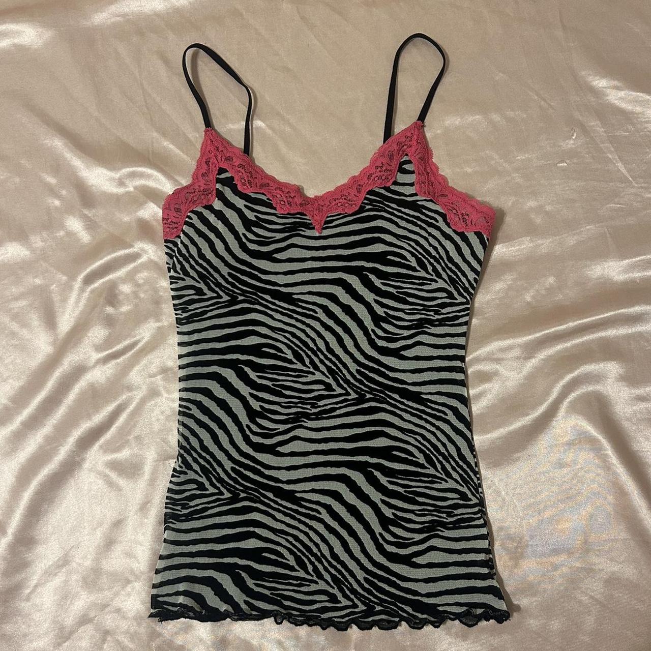 Black and pink zebra print tank top with lace detail... - Depop