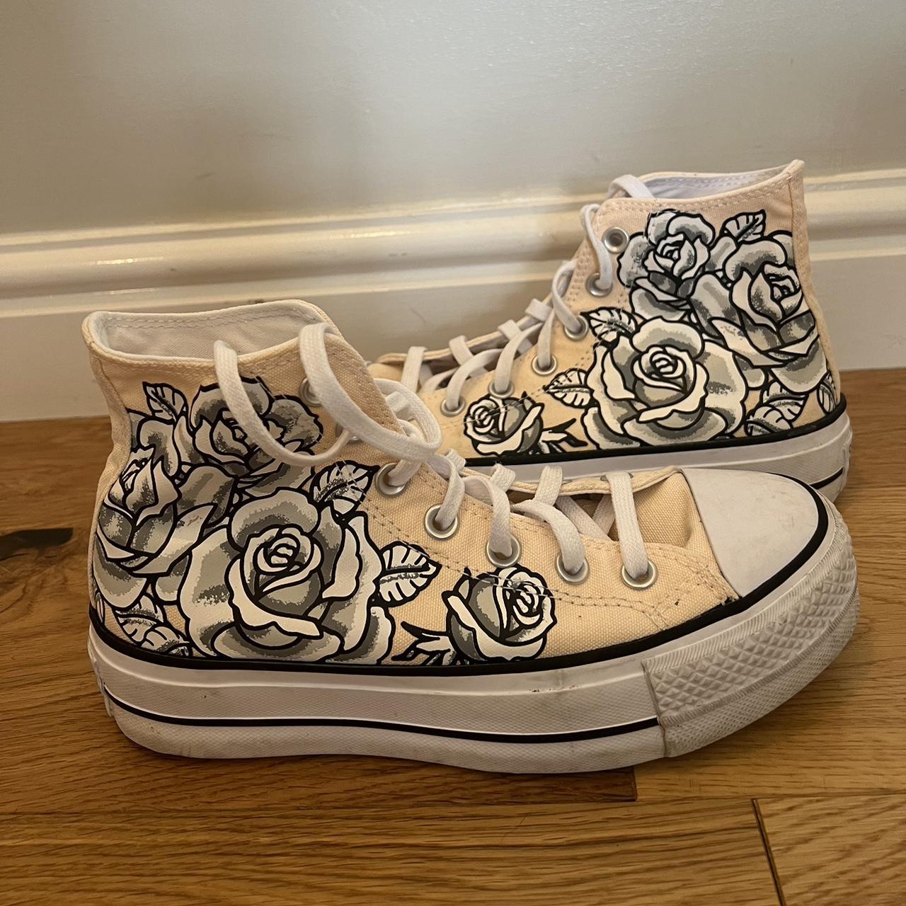 pale pink converse with roses Excellent condition... - Depop