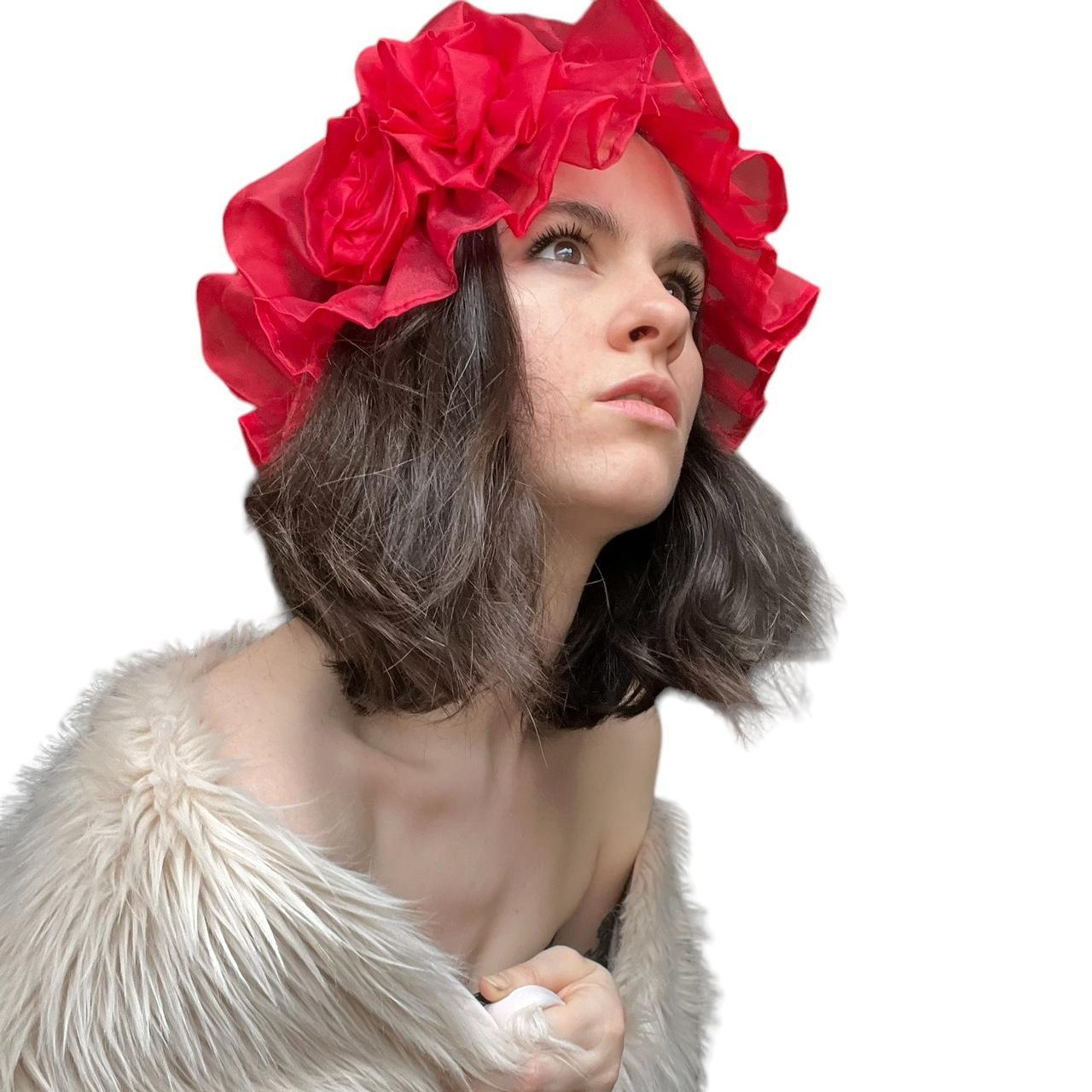 Sheer red bonnet with rosettes! Super charming... - Depop