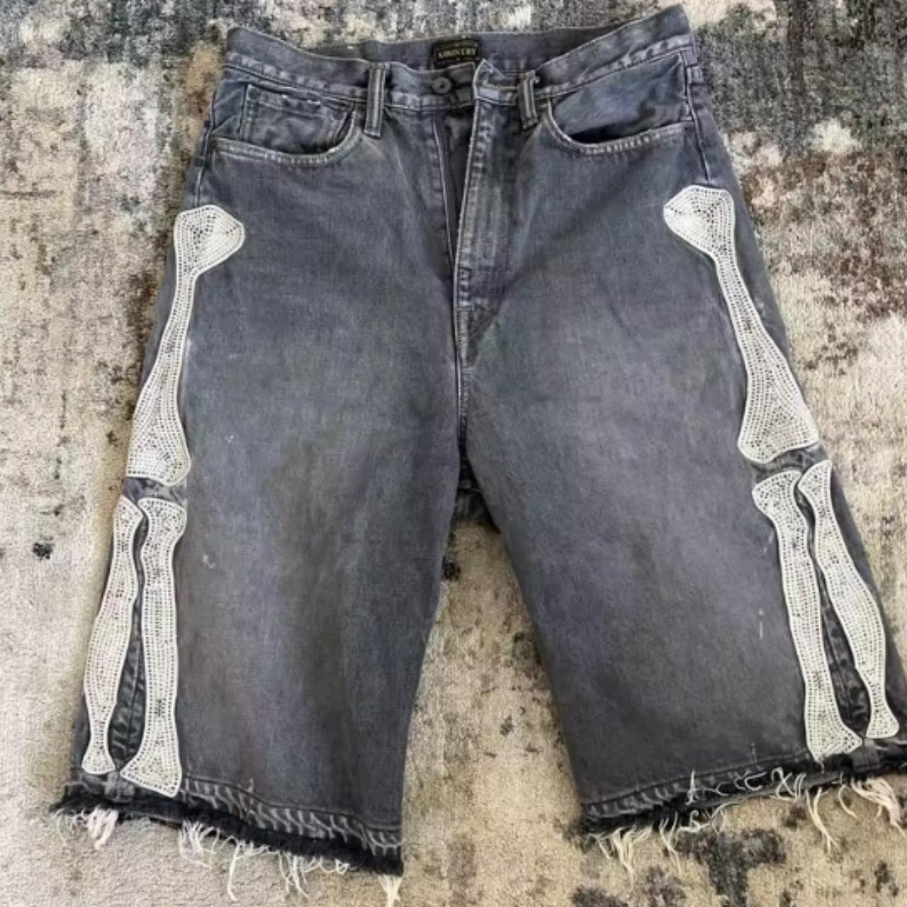 Black jorts with Skelton drawing on side #vintage... | Depop