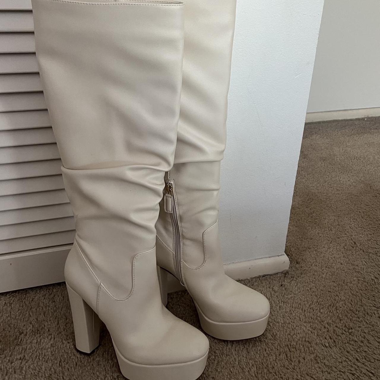 Cream / white knee high boots size 8 Semi slouch... - Depop