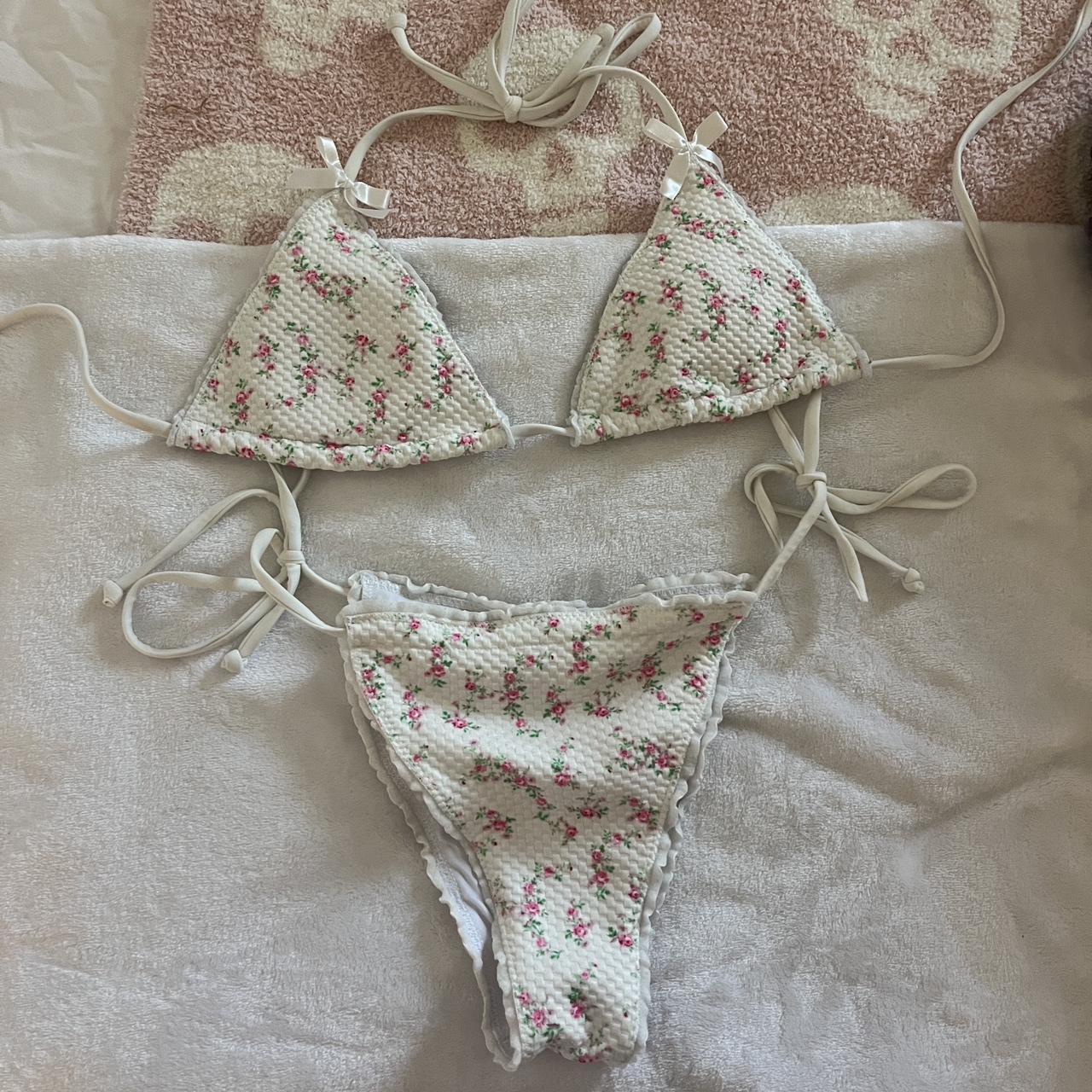 Floral adjustable triangle bikini White pink flower... | Depop
