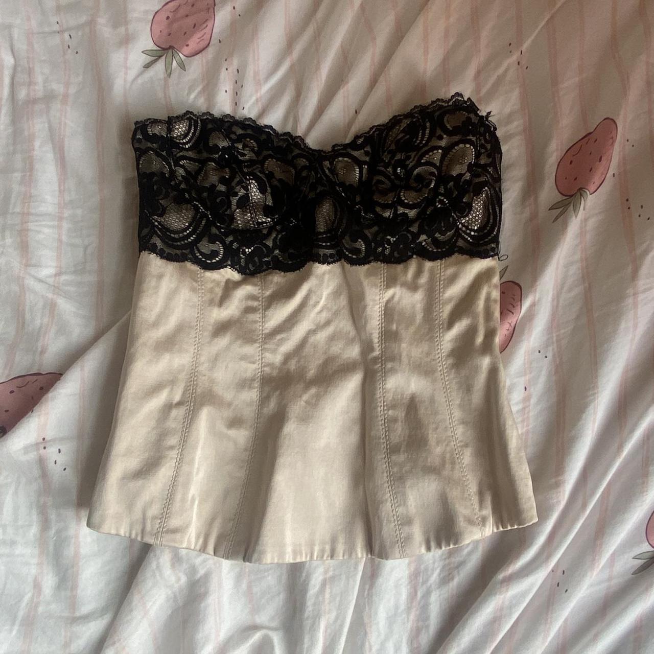 bebe cream corset with black lace boning! zipper... - Depop