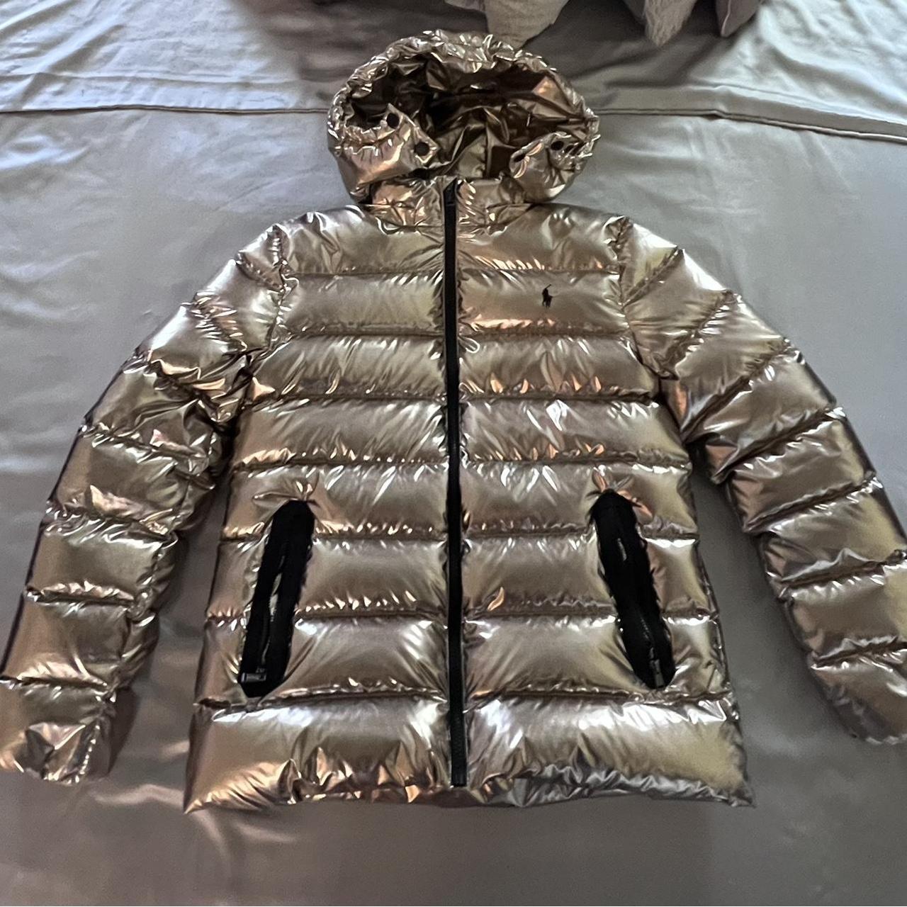Gold/Chrome Polo Puffer Jacket - Depop
