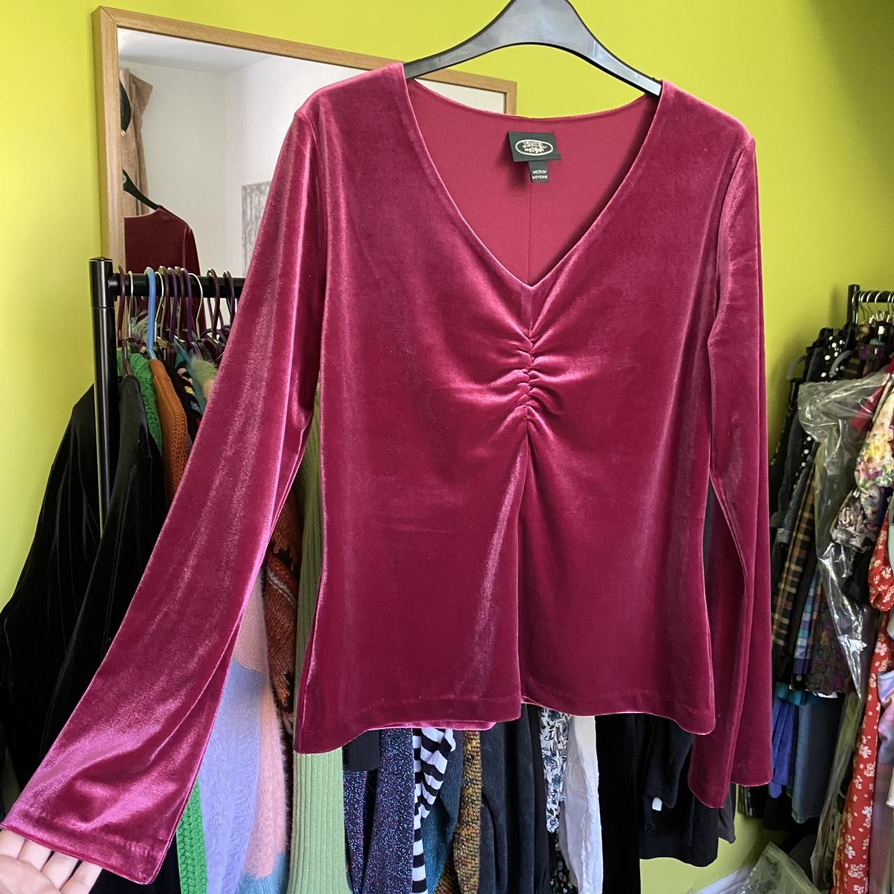 Laura Ashley Raspberry Pink Velvet Top with ruche... - Depop