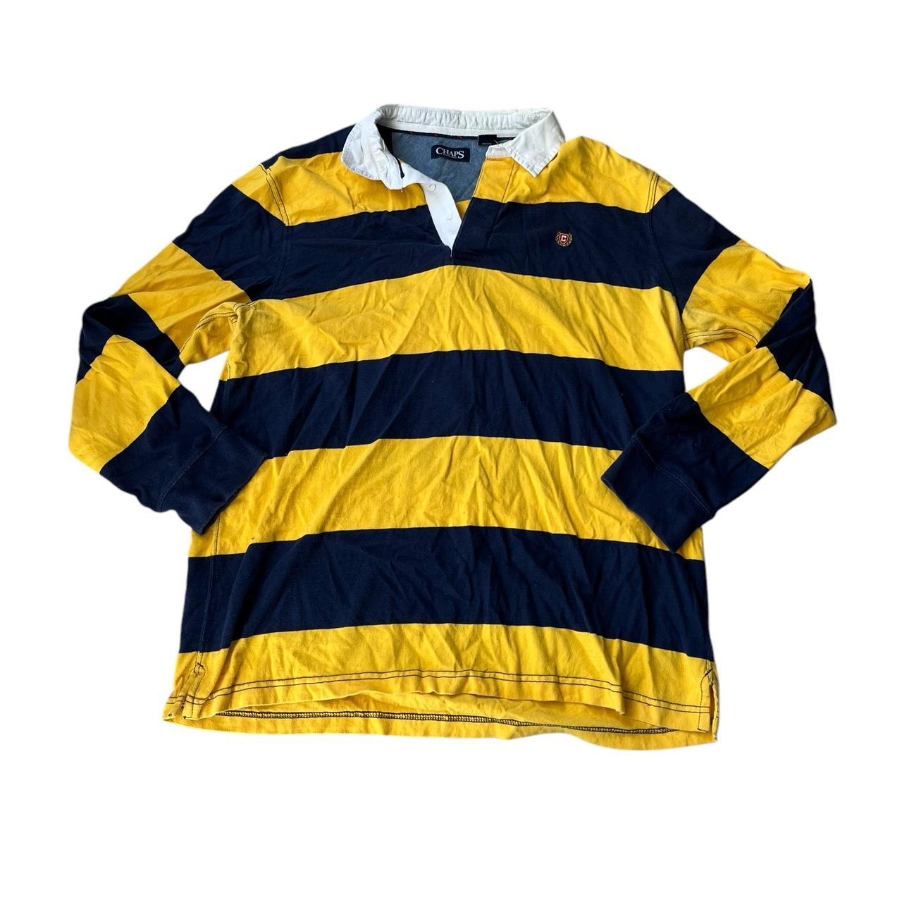 Yellow and navy striped chaps rugby shirt with white... | Depop