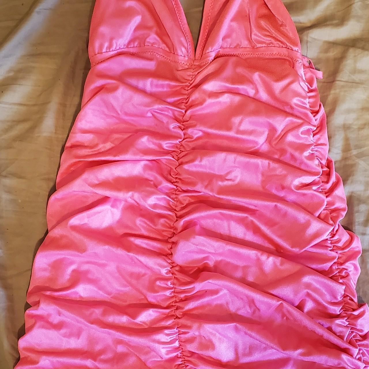 Hot pink rouched lycra sexy halter mini dress with... - Depop