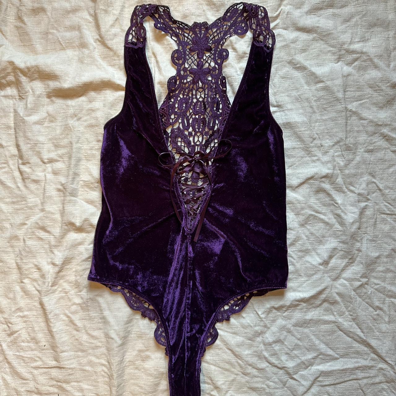 Velvet and lace purple body stocking with front... - Depop