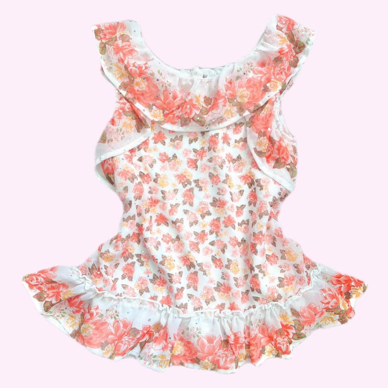 pink white floral ruffle tank top • kids size!... - Depop