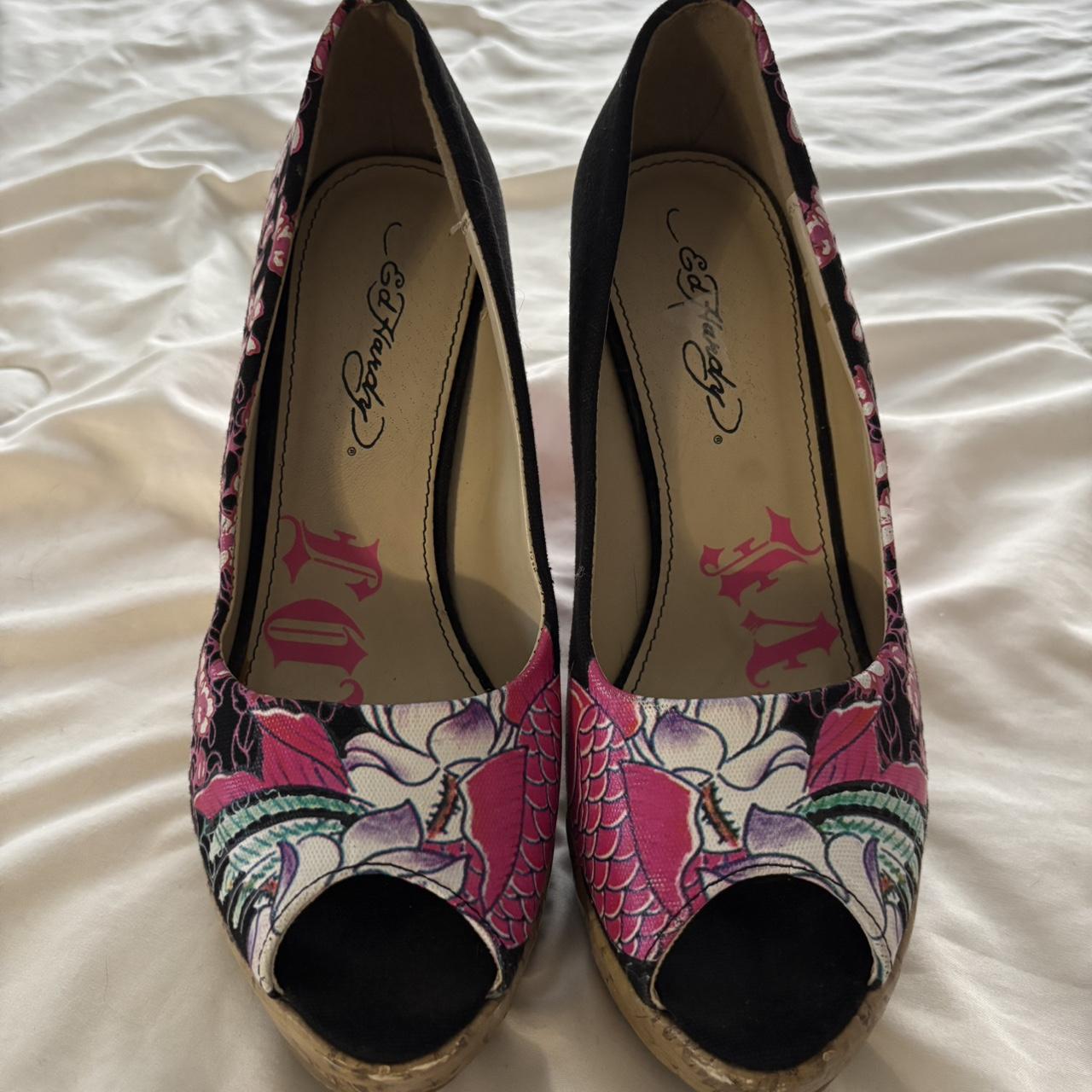 Pink and black Ed Hardy wedges with koi fish design... | Depop