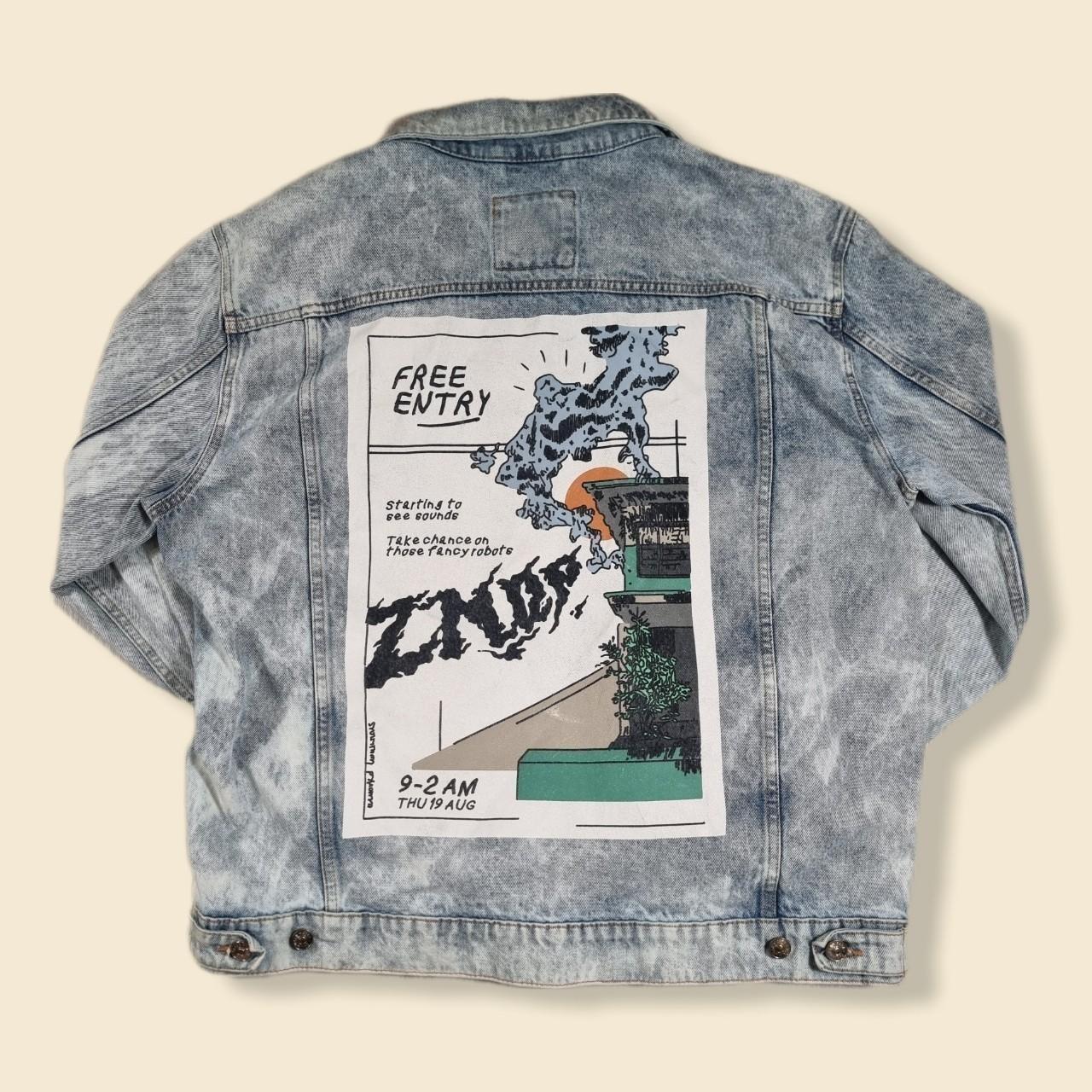 Zara Man Blue Denim Graffic Print Jacket .Size... - Depop