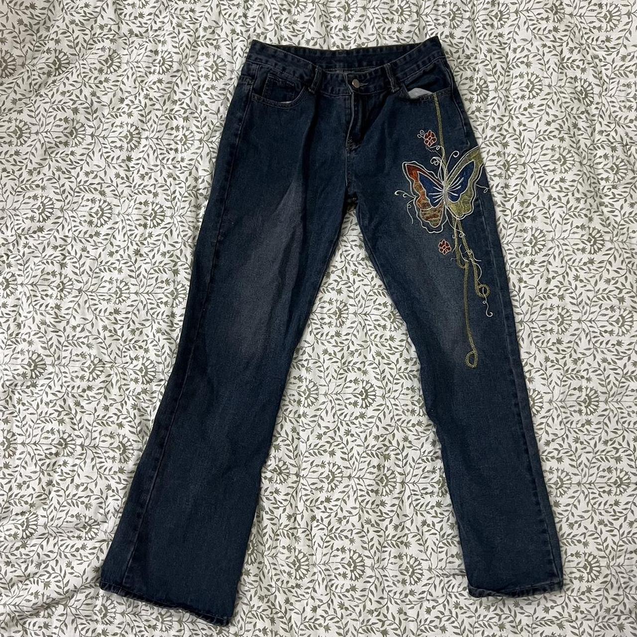 size xs-s butterfly embroidered blue jeans from... - Depop