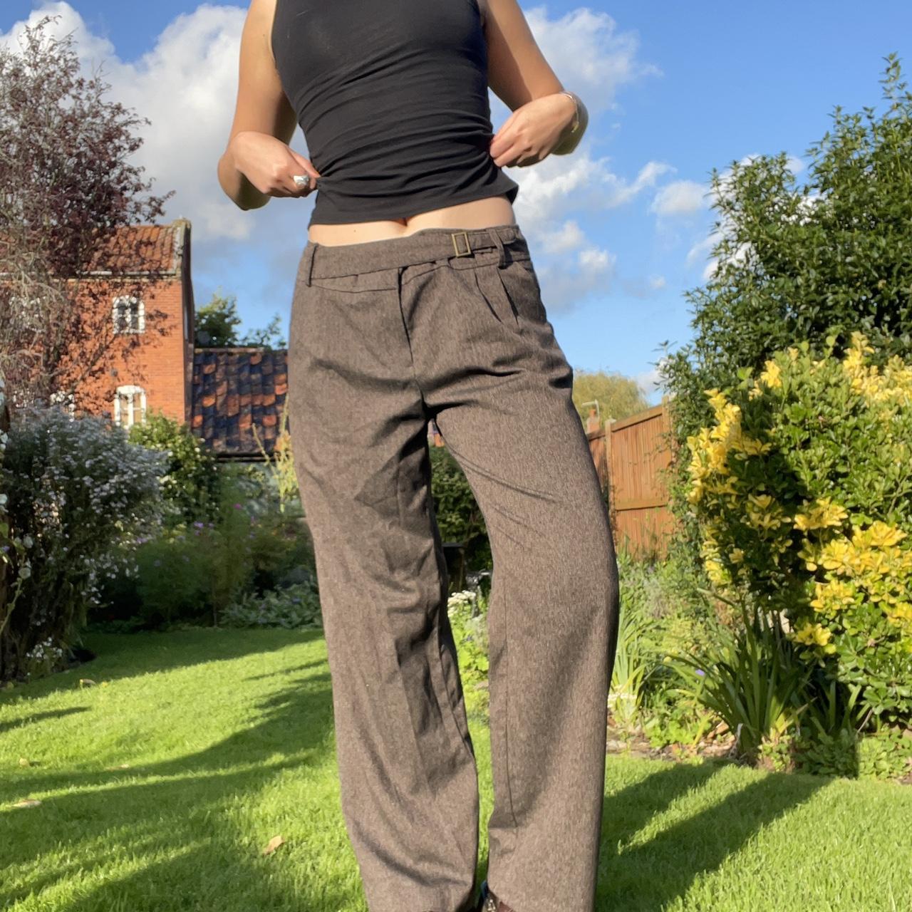 Brown wide leg trousers with buckle Size 14 Shown... - Depop