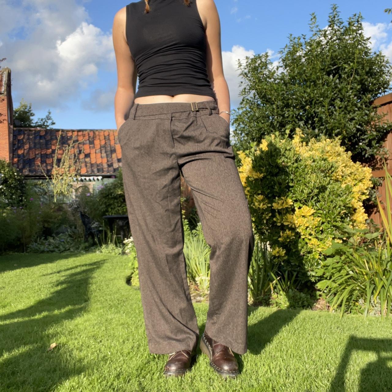 Brown wide leg trousers with buckle Size 14 Shown... - Depop