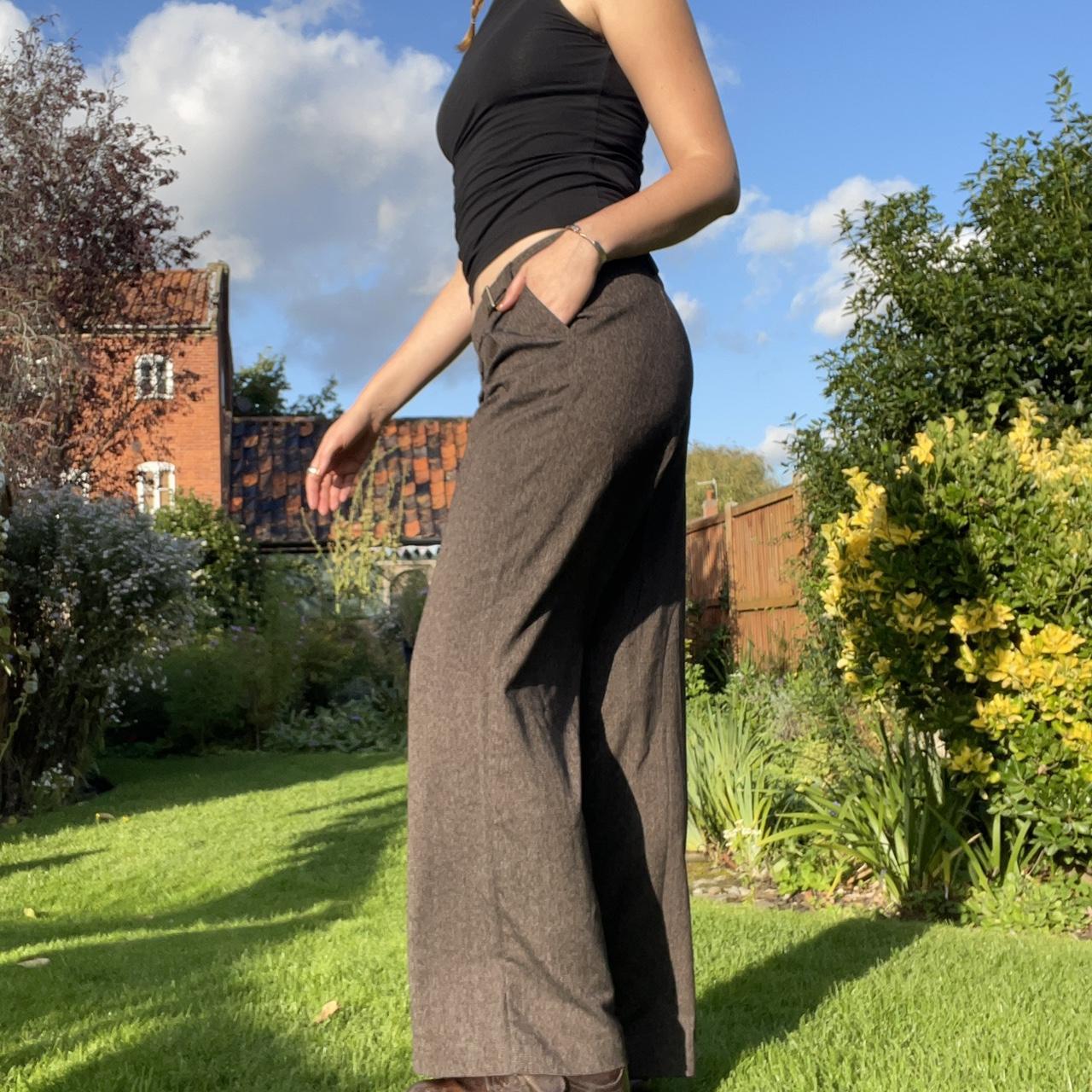 Brown wide leg trousers with buckle Size 14 Shown... - Depop