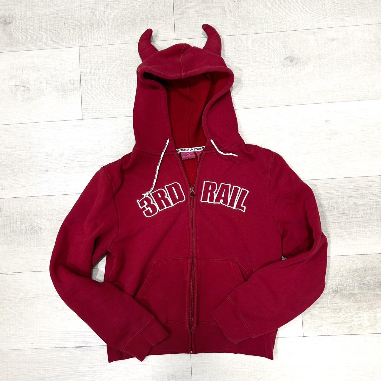 Y2K SCENE HOODIE Rare Red and white 3rd Rail devil... | Depop