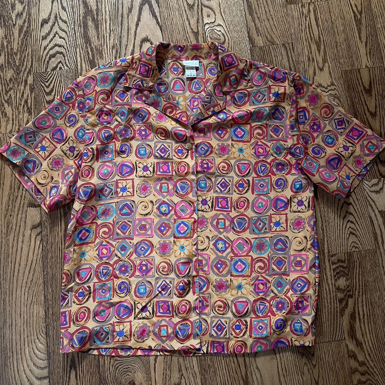vintage 80s patterned button up shirt super fun... - Depop