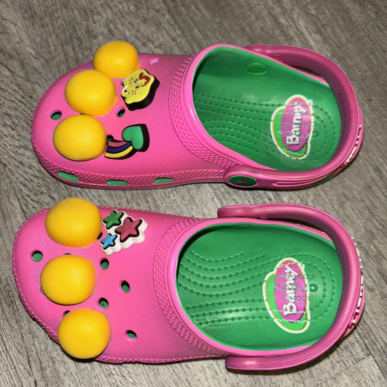 Pink Barney Crocs with yellow balls #kidcore - Depop