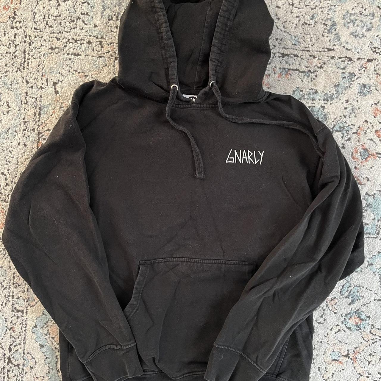 Gnarly black hoodie Yellow cheetah peace... | Depop