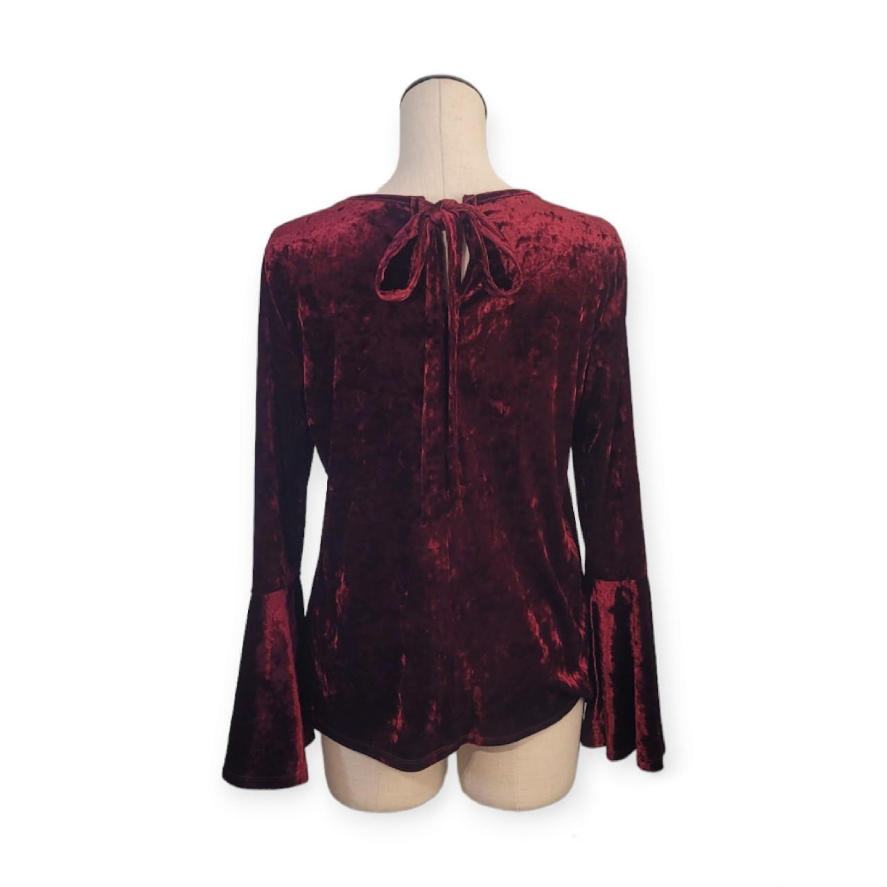 Rich crimson red stretchy velvet top with bell cuffs... - Depop