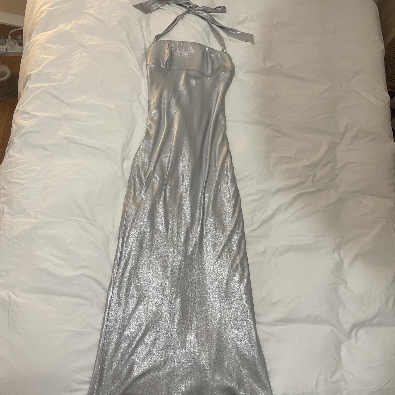 Meshki silver silk formal maxi dress halter neck tie... - Depop