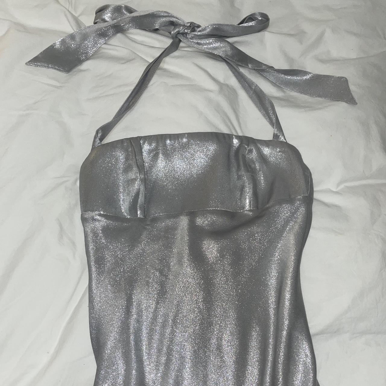 Meshki silver silk formal maxi dress halter neck tie... - Depop