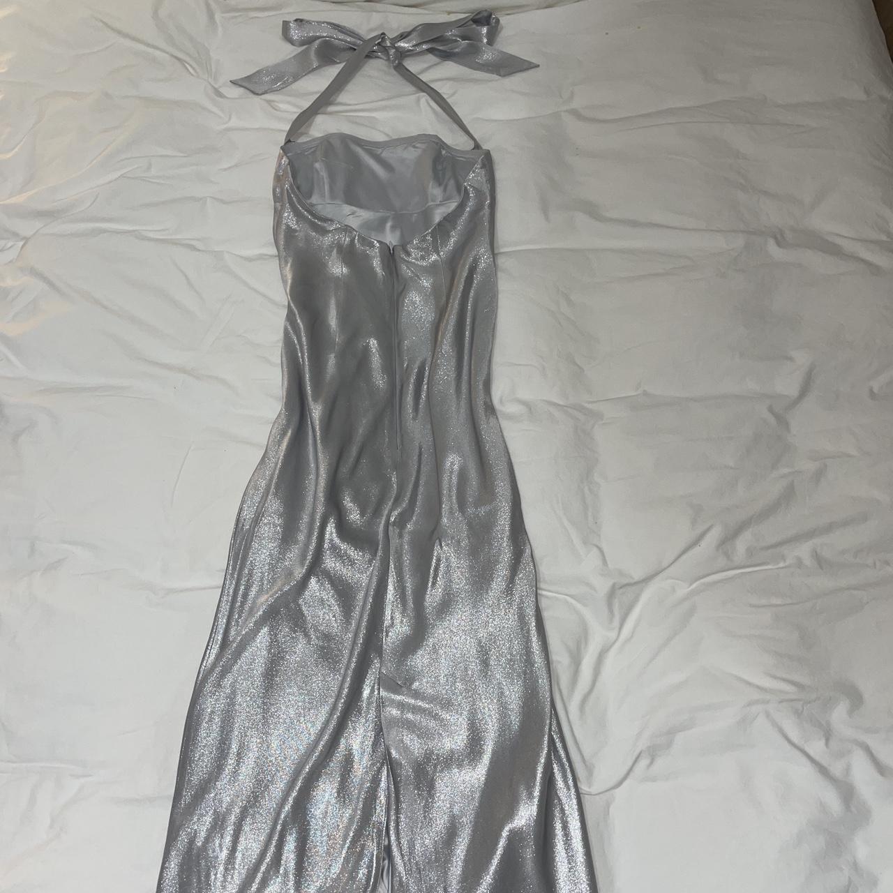 Meshki silver silk formal maxi dress halter neck tie... - Depop