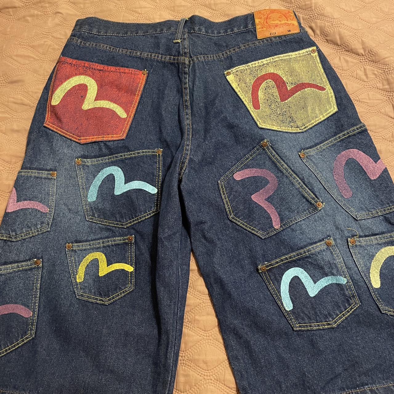 Like New Evisu All Over Pockets Denim Shorts Jhorts... - Depop