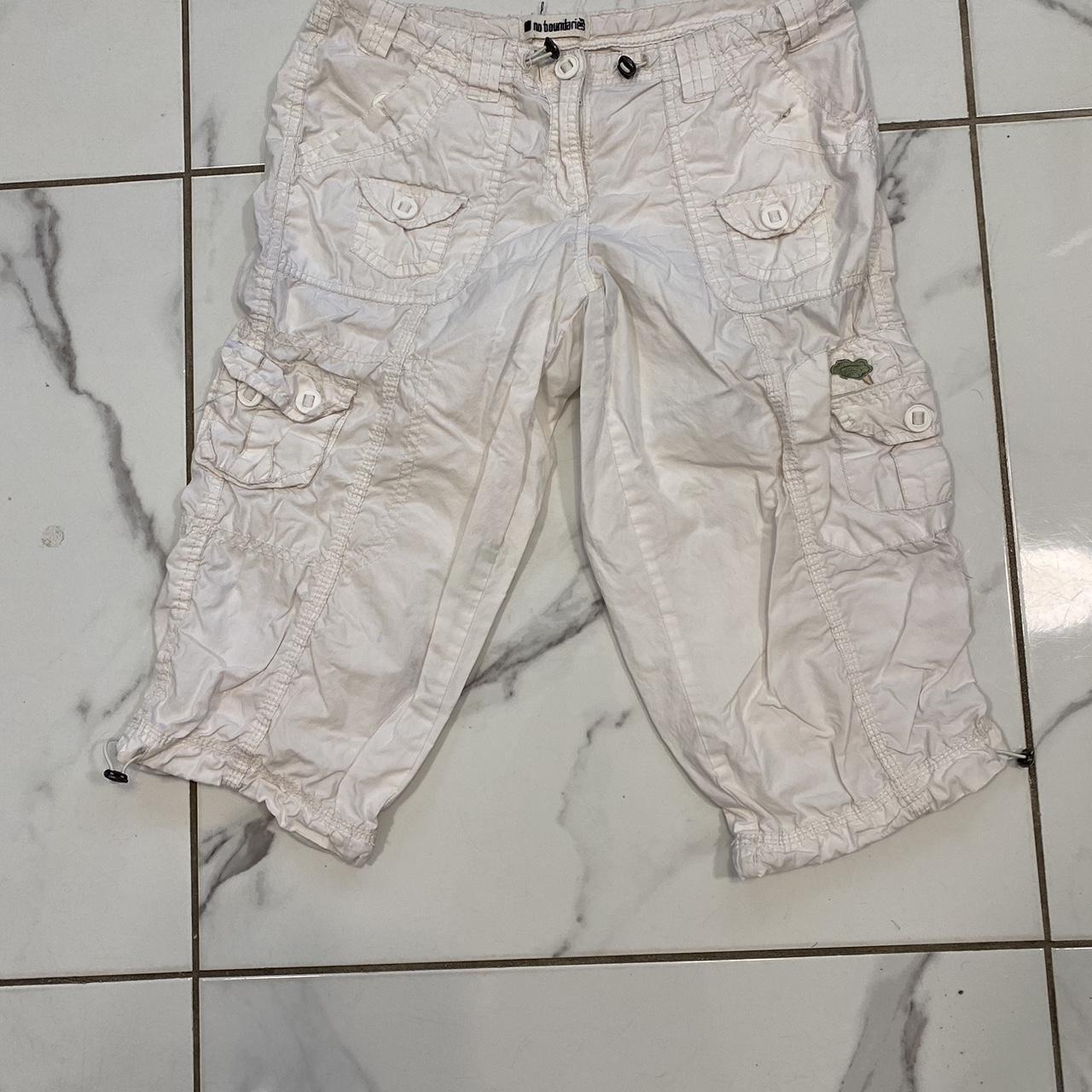 00s white cargo capri pants with tree embroidery... - Depop
