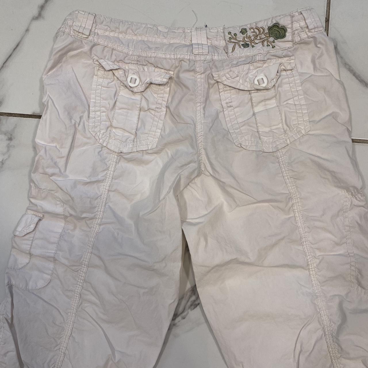 00s white cargo capri pants with tree embroidery... - Depop