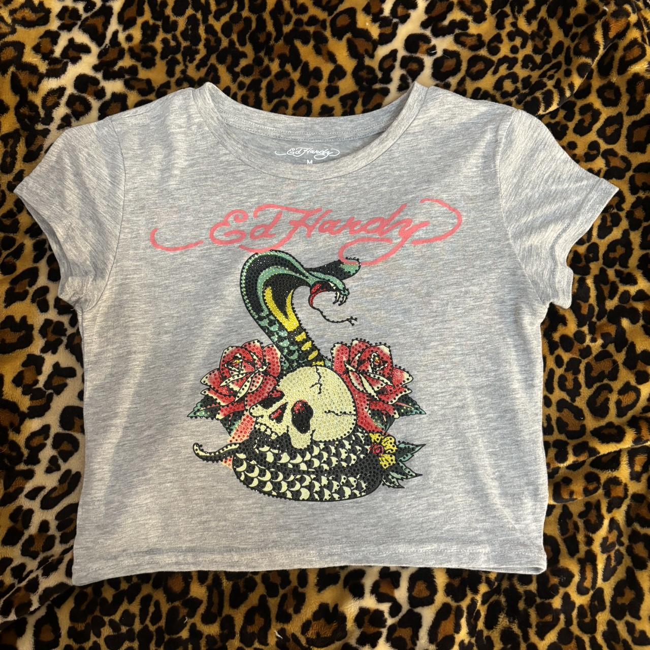 Gray Ed Hardy rhinestone cropped baby tee Only worn... - Depop