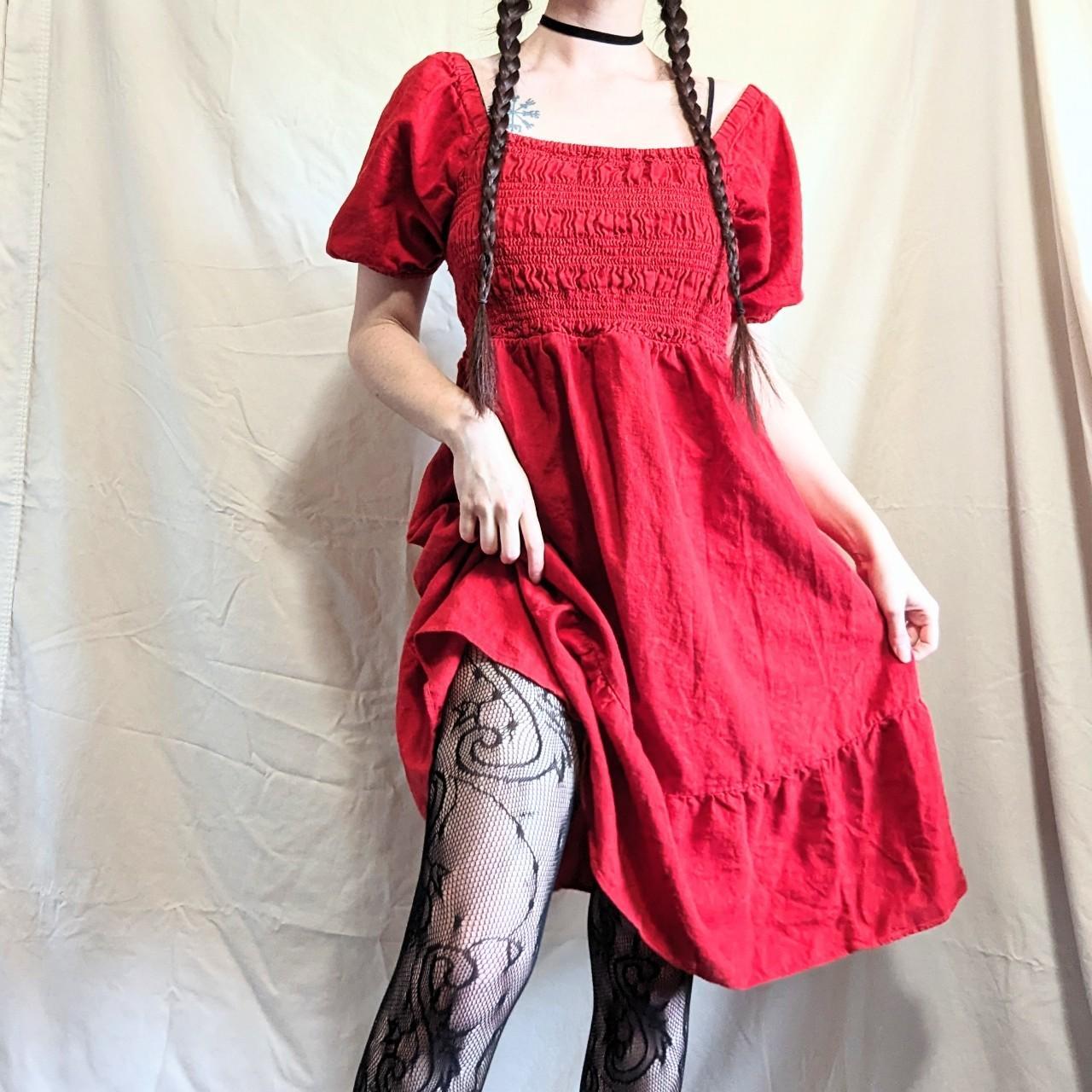 Lovely red cottagecore linen babydoll midi dress! ... - Depop