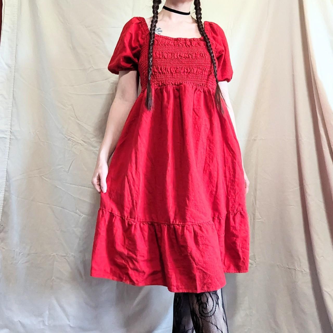 Lovely red cottagecore linen babydoll midi dress! ... - Depop