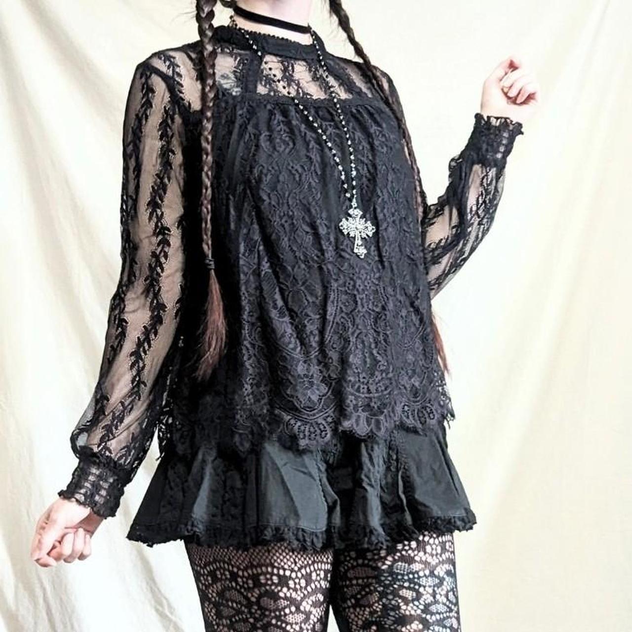 Black lace vampy goth blouse top! Features sheer... - Depop