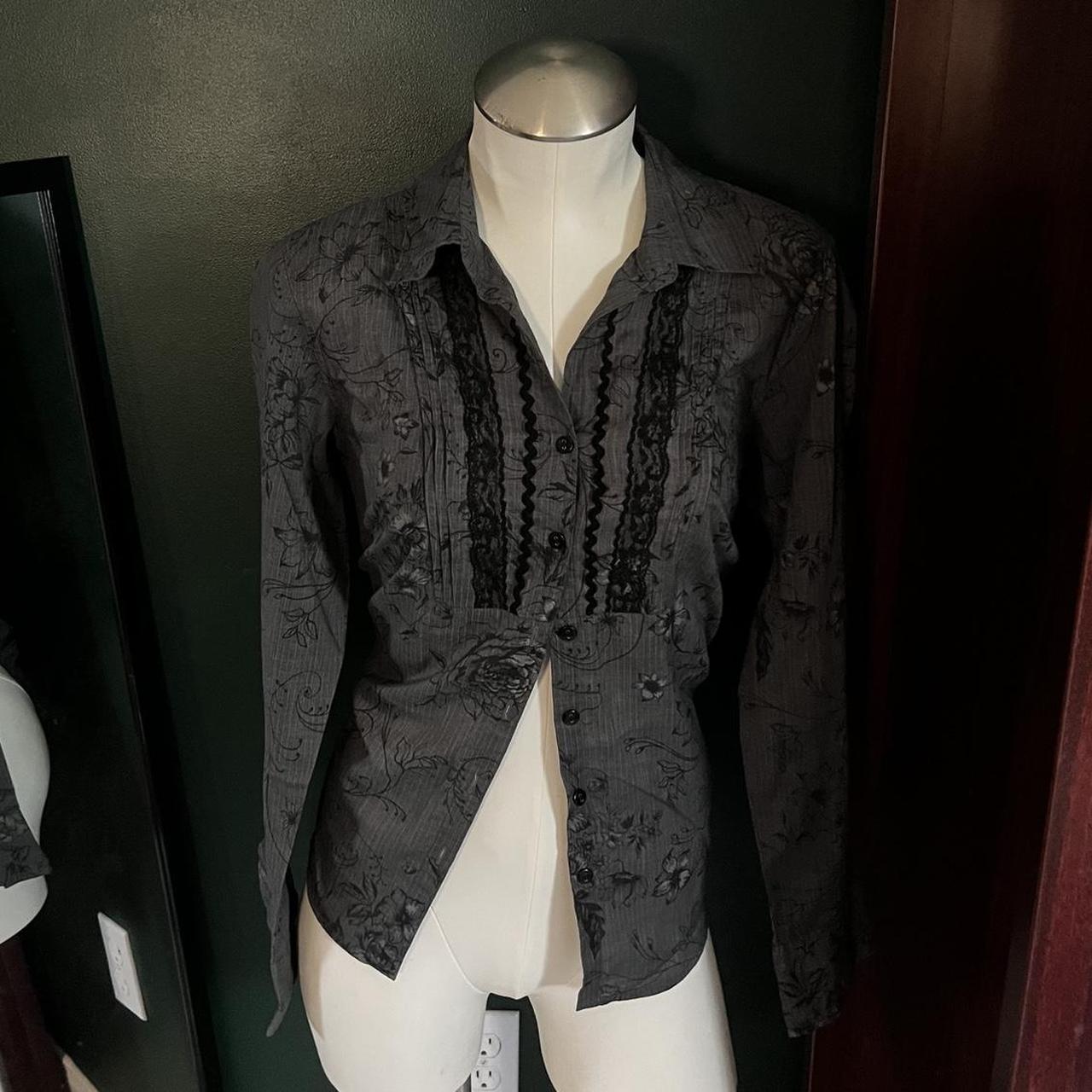 grey vkei goth button up floral pinstripe long... | Depop