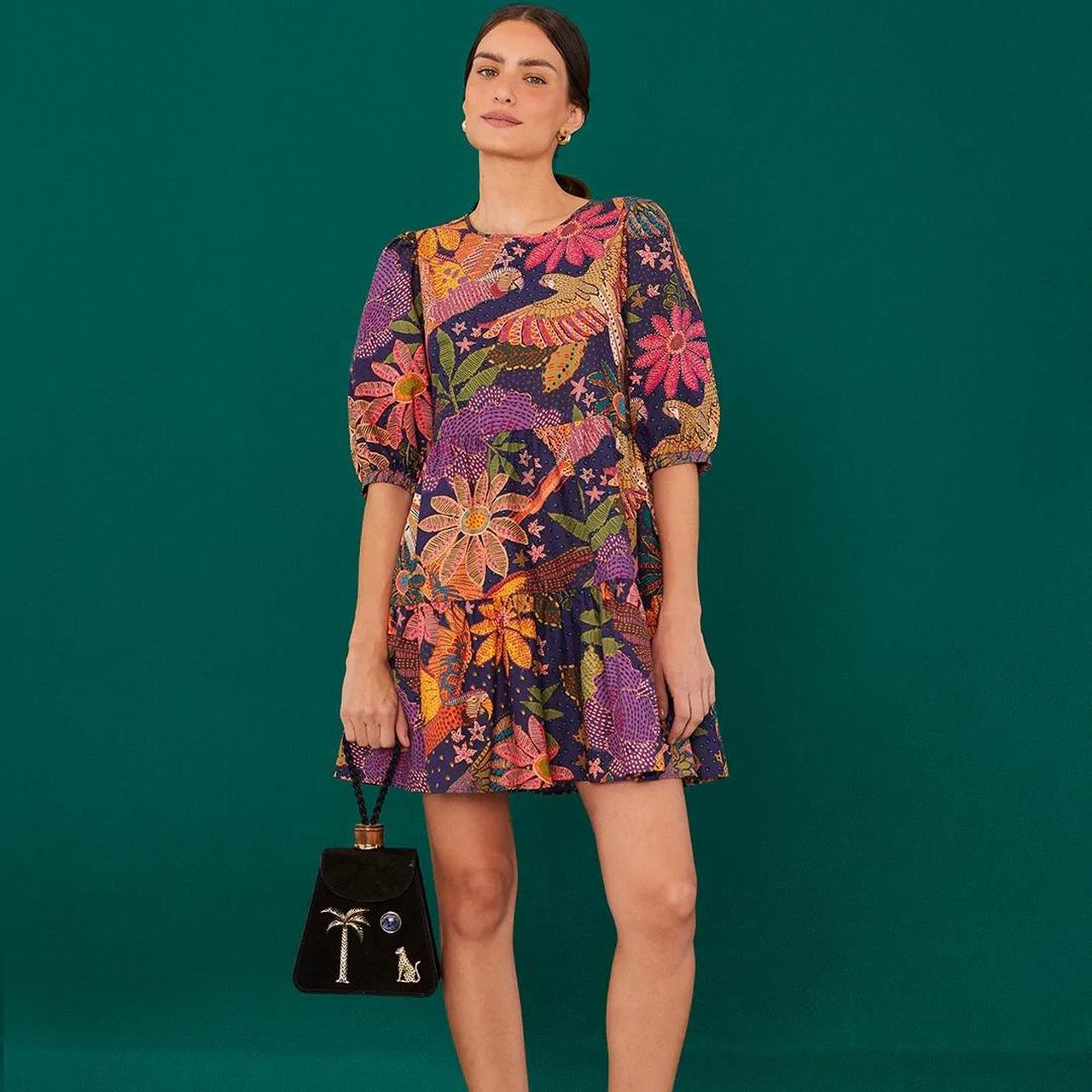 Farm Rio Navy Cool Macaw Organic Cotton Mini Dress... | Depop