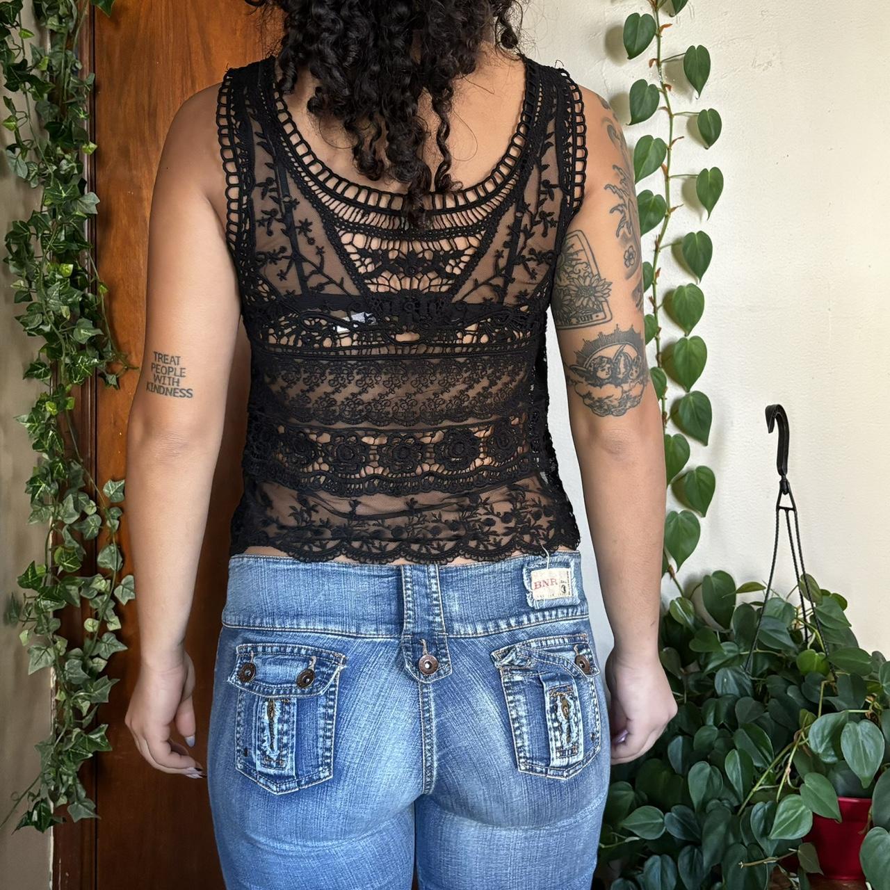 2000s Poof black see through lace crochet top size... - Depop