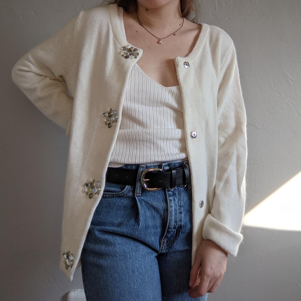 rhinestone grandma cardigan. main color is cream and... - Depop