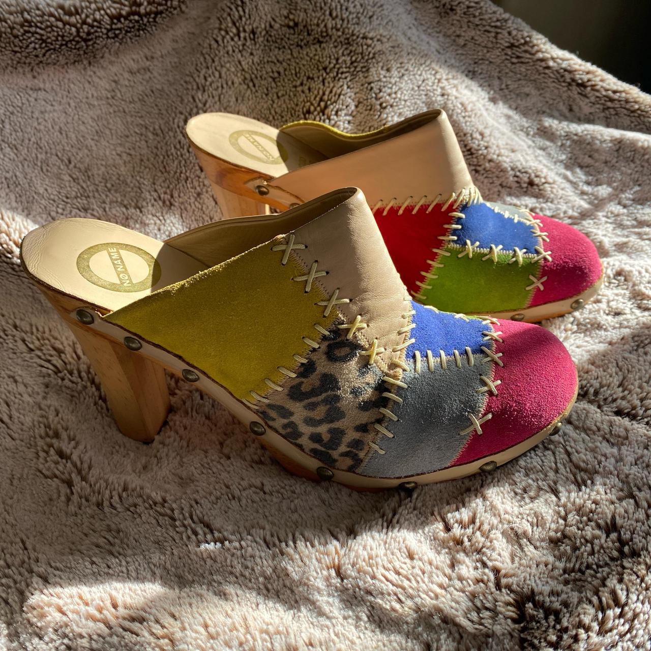 Size 7 1/2 wood clogs patchwork design - Depop